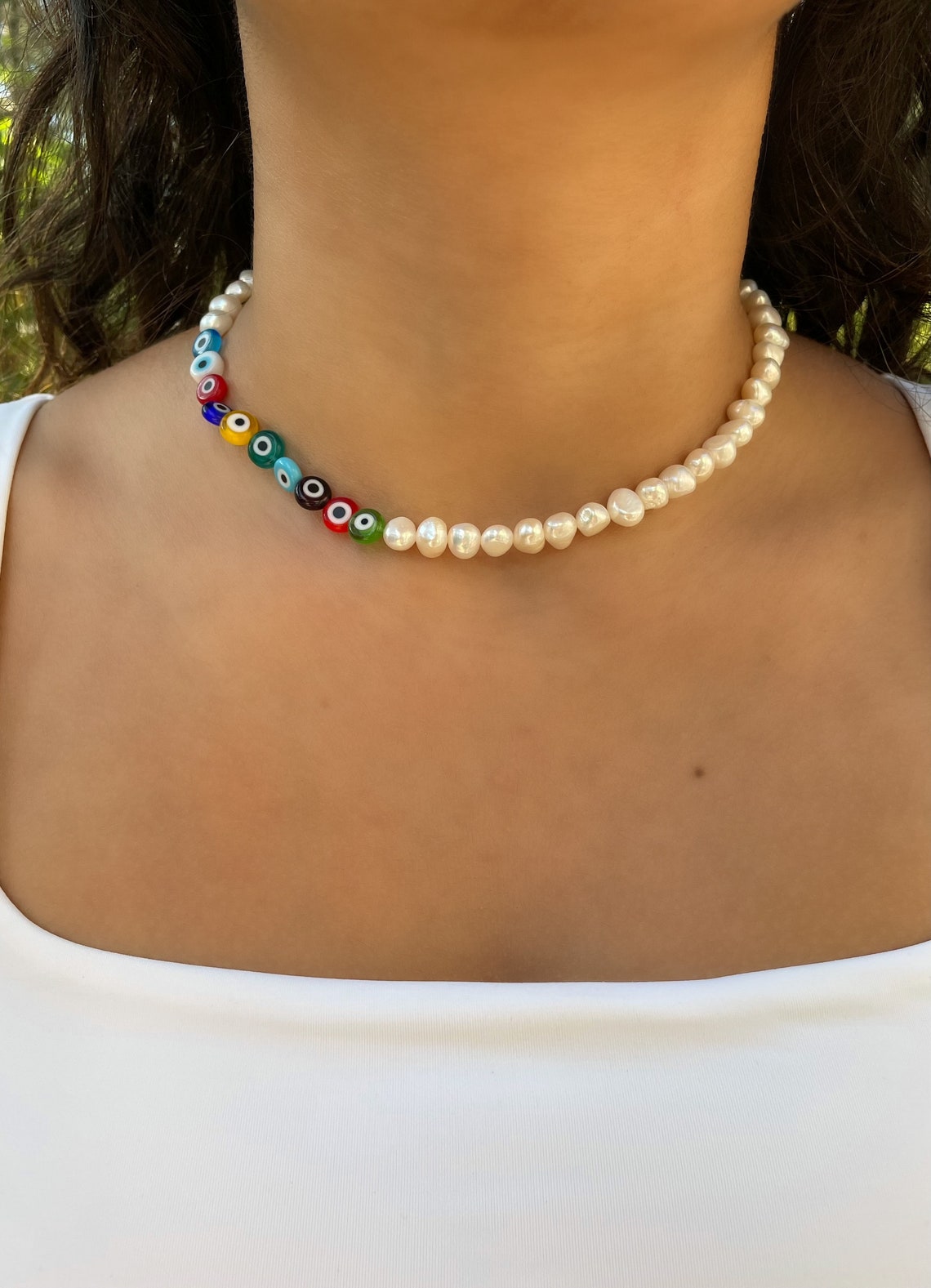 Freshwater Pearl With Rainbow Evil Eye Beads Partial Evil Eye - Etsy