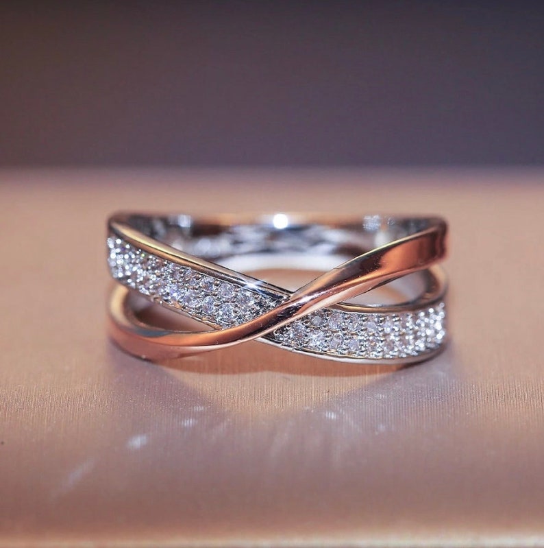 Sterling Silver Rose Gold Criss Cross Ring CZ Ring - Etsy