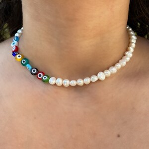Freshwater Pearl With Rainbow Evil Eye Beads, Partial Evil Eye Necklace ...