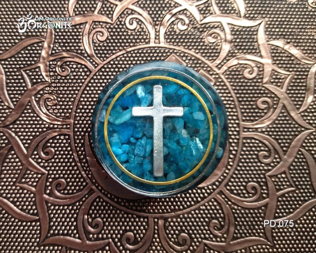 Blue Apatite Cross Orgonite Puck, Orgone Generator, Orgone Pocket Harmonizer, Pocket Orgonite ...