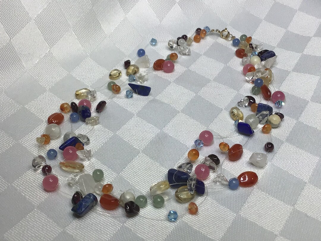 Pretty Necklace of Colorless Nylon Threads, Multi Semi-precious Stones ...