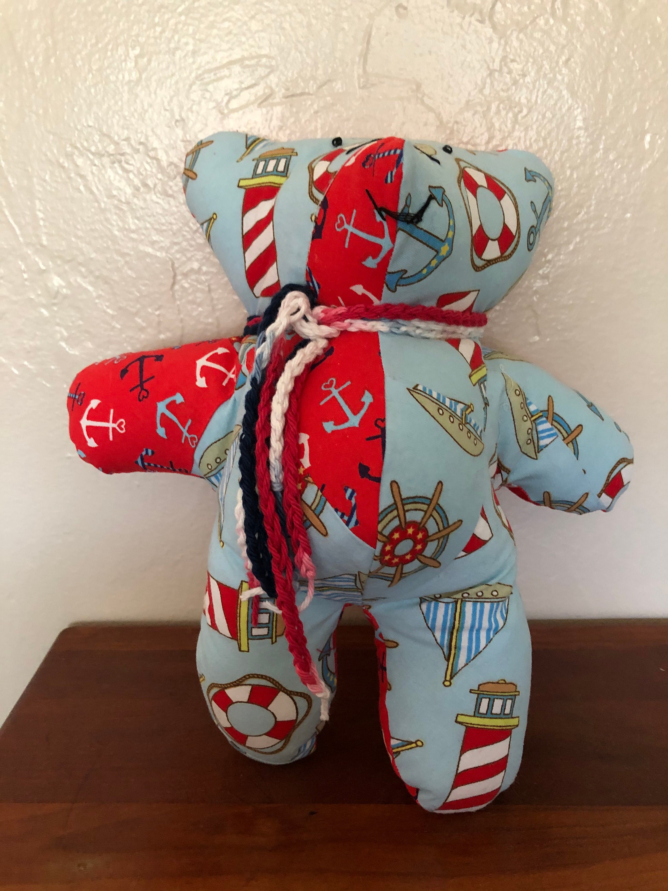 Hand Sewn Patchwork Toy Teddy Bear Blue and Red Nautical | Etsy