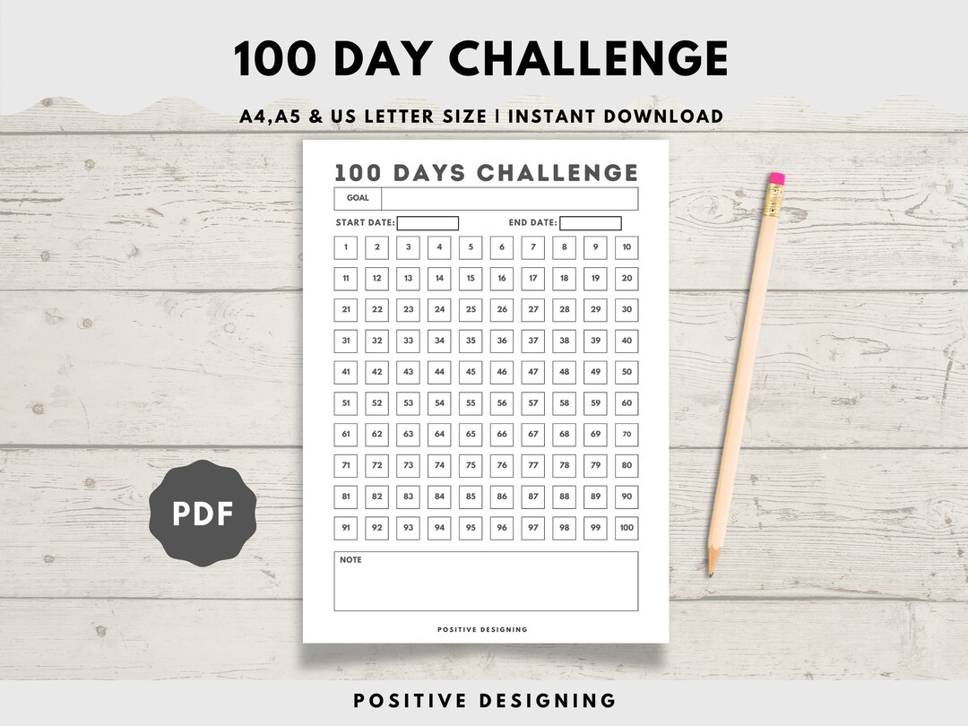 100 Day Challenge Tracker Template - Printable | Digital Download ...