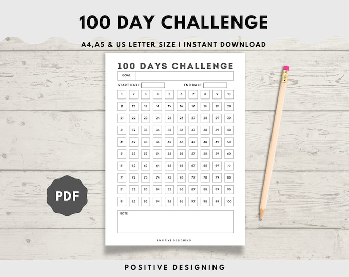 100 Day Challenge Tracker Template Printable/ Digital Download/ iPad ...