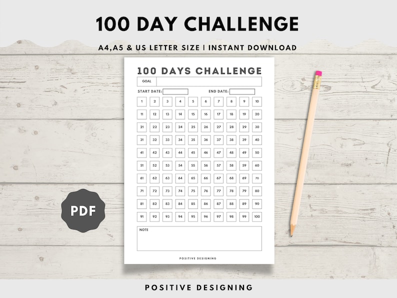 100 Day Challenge Tracker Template - Printable | Digital Download ...