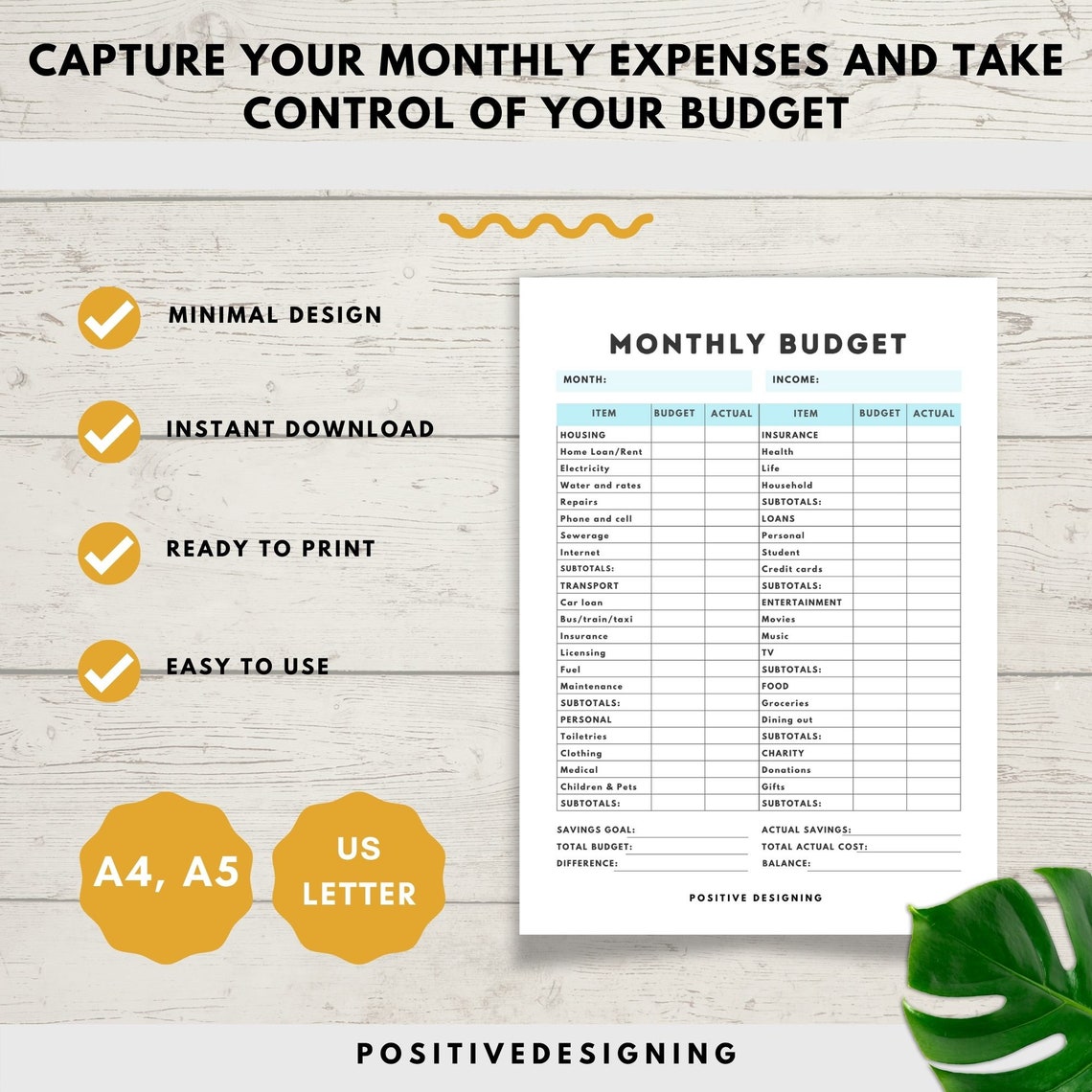 Printable Monthly Budget Template, Monthly Income & Expense Recorder ...