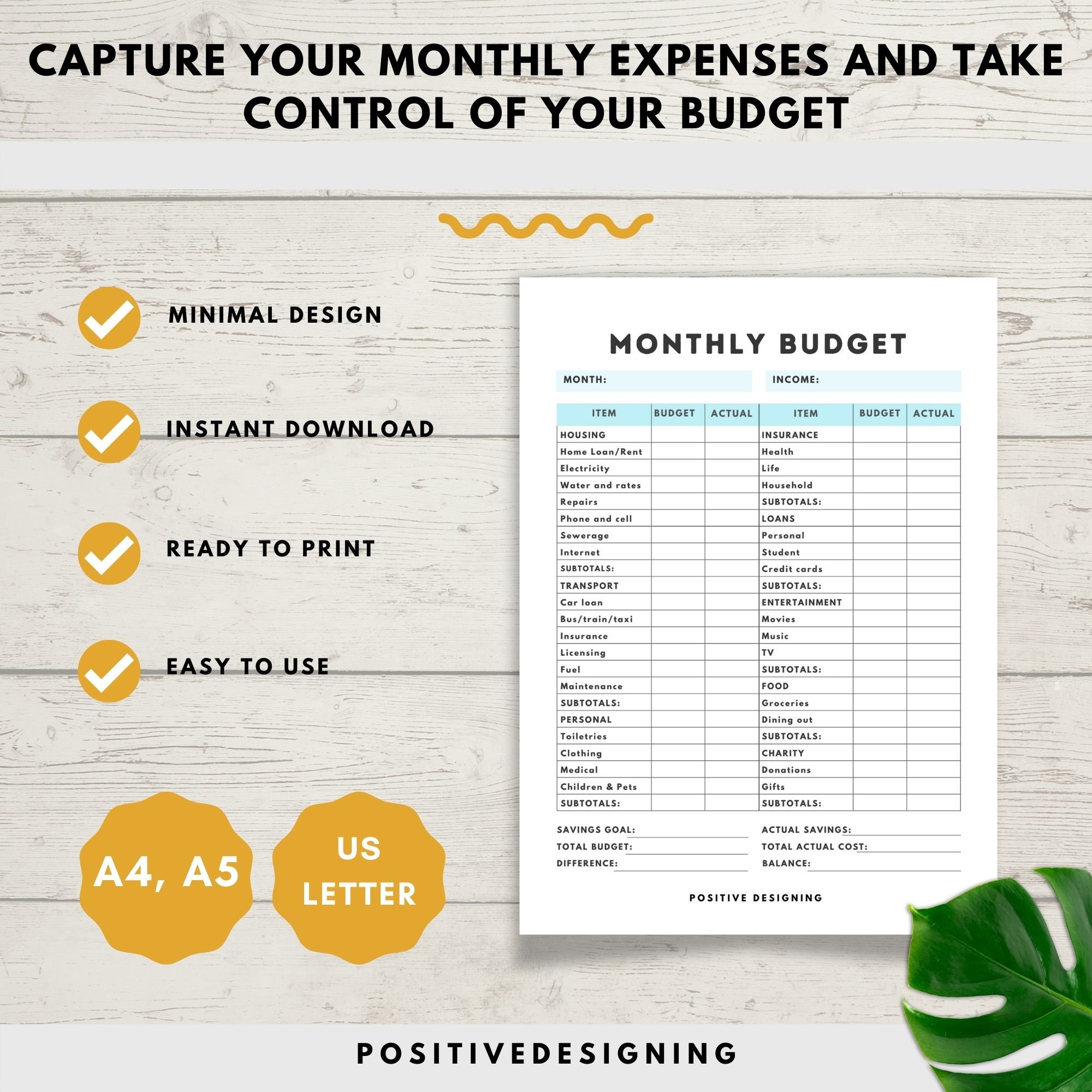 Printable Monthly Budget Template, Monthly Income & Expense Recorder ...