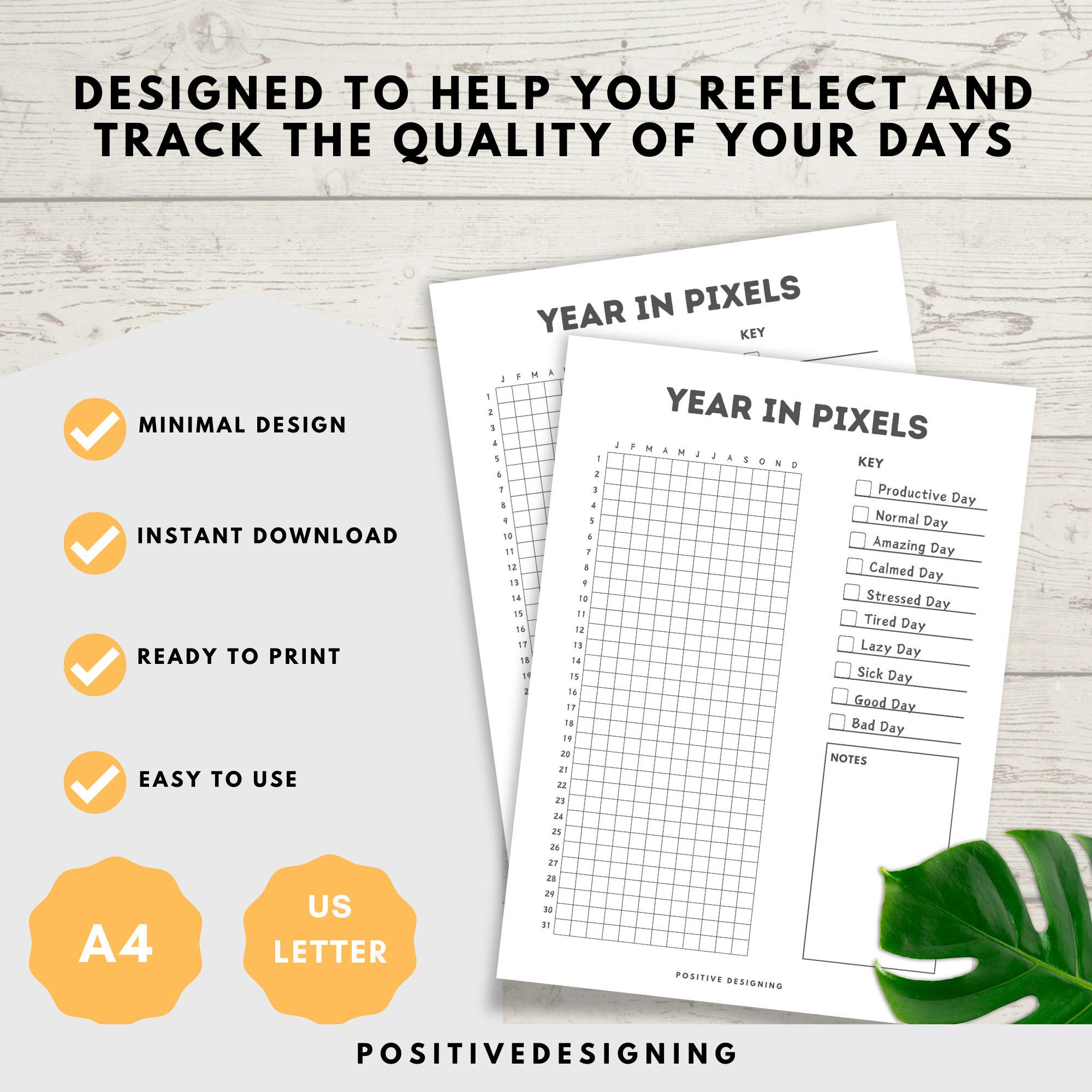 Year in Pixels Tracker, Printable Mood Journal, Digital Habit Tracker ...