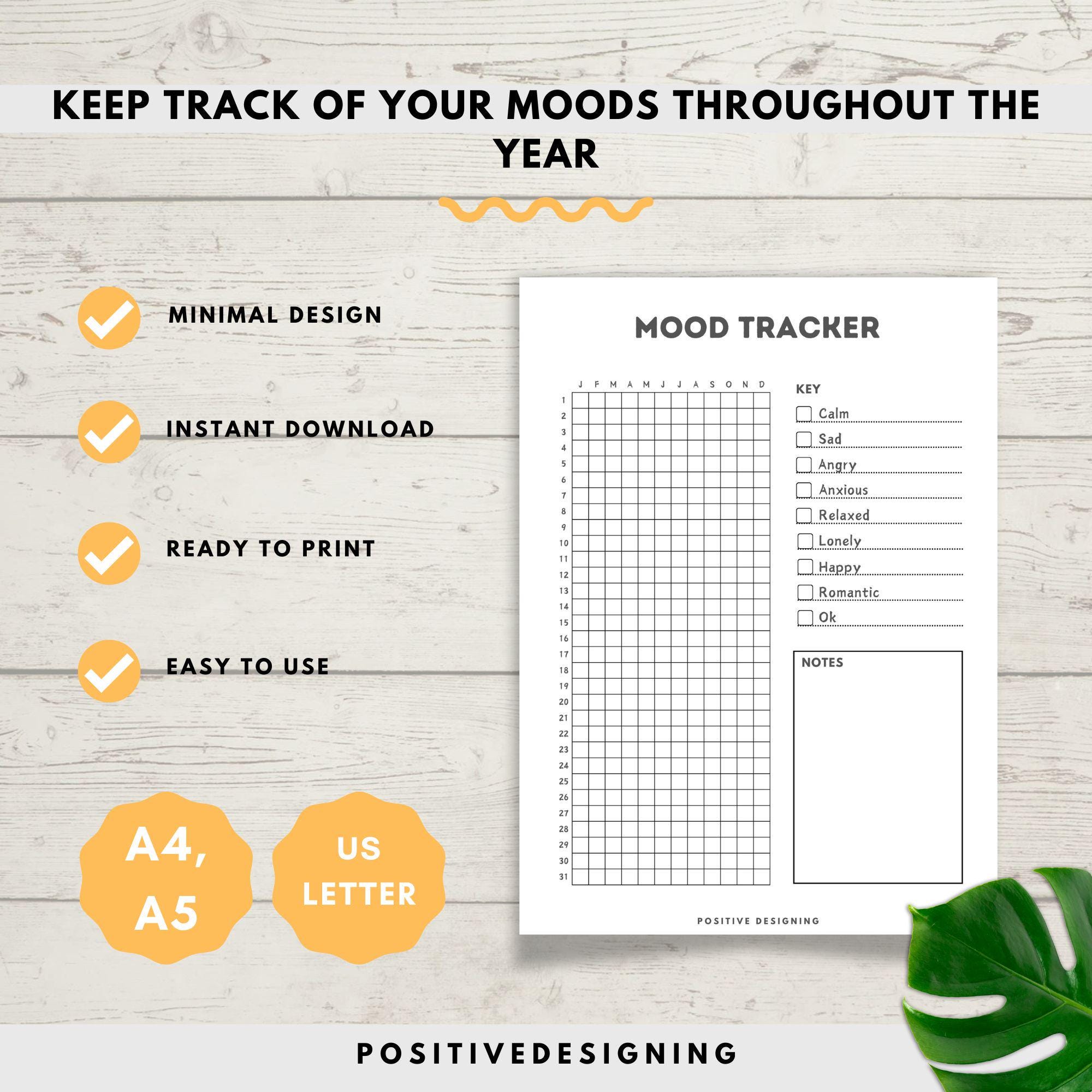 Mood Tracker Printable, A Year in Pixels, Mood Journal, Emotion Tracker ...