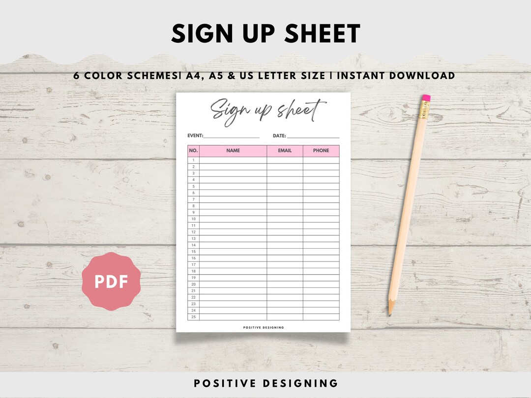 Sign up Sheets | Event Sign up | Sign up Form | Printable Sign up ...