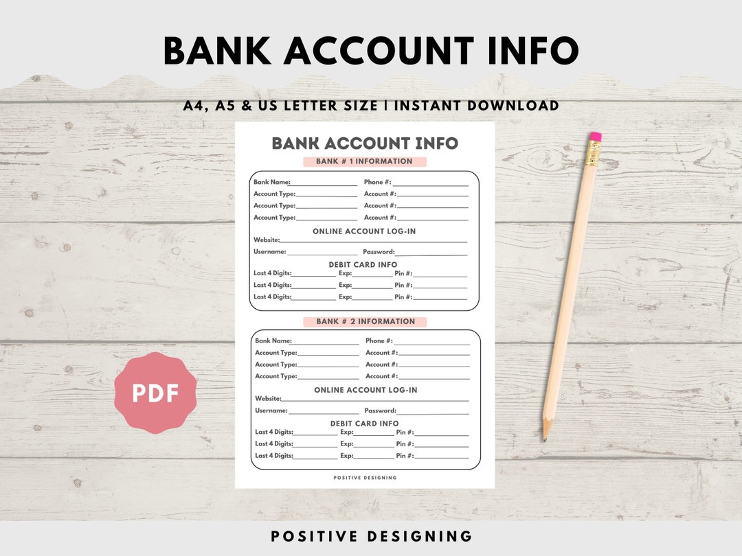 Bank Account Information Tracker Printable (a4/a5/letter PDF) - Etsy