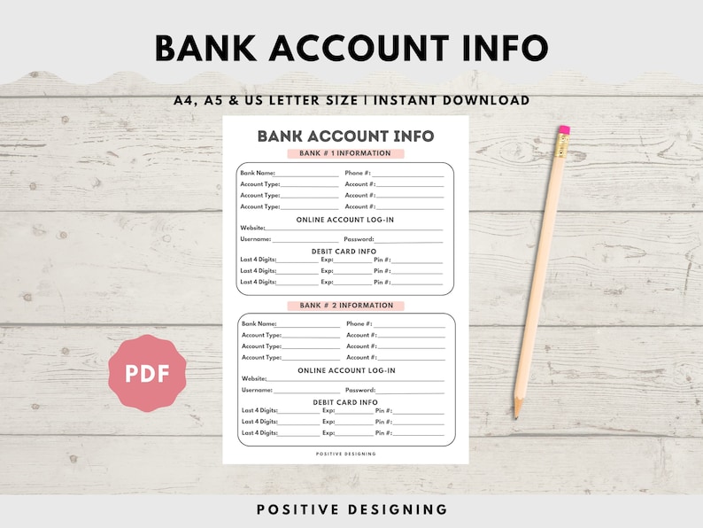 Bank Account Information Tracker Printable, Bank Account Log, Bank ...