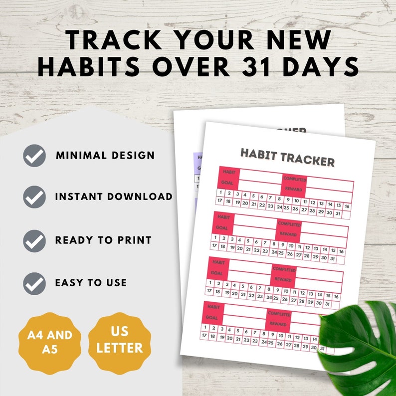 Monthly Habit Tracker Printable, 31 Day Challenge (PDF Instant Download ...