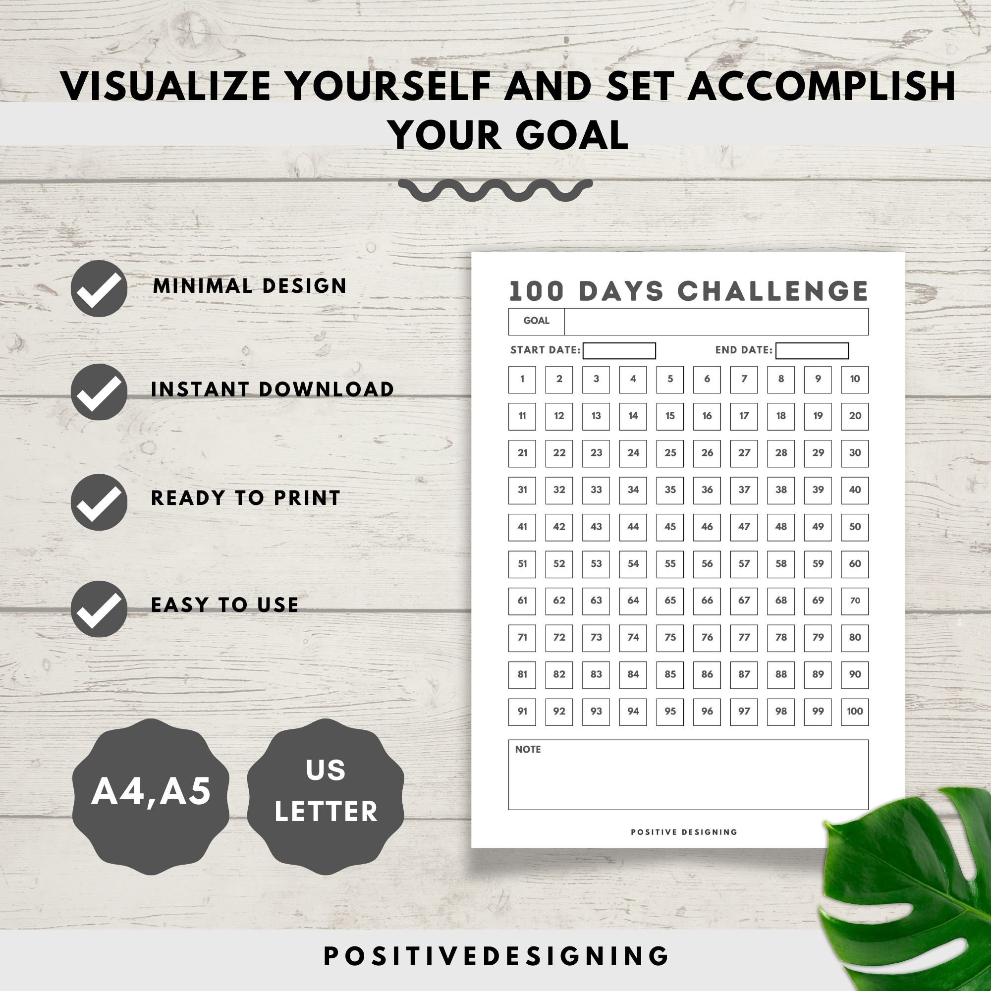 100 Day Challenge Tracker Template - Printable | Digital Download ...