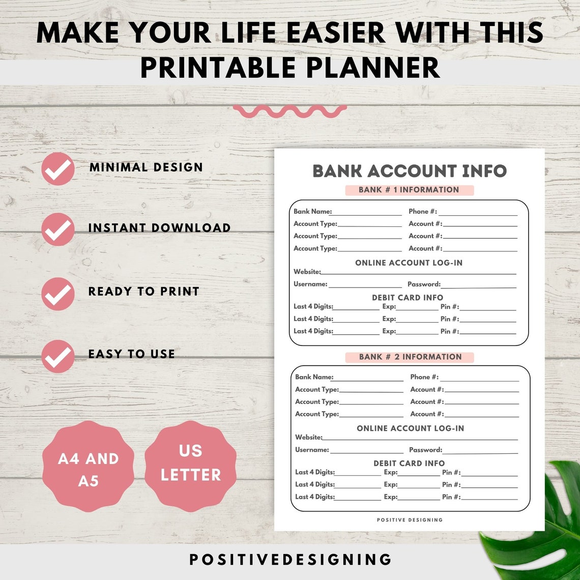 Bank Account Information Tracker Printable, Bank Account Log, Bank ...