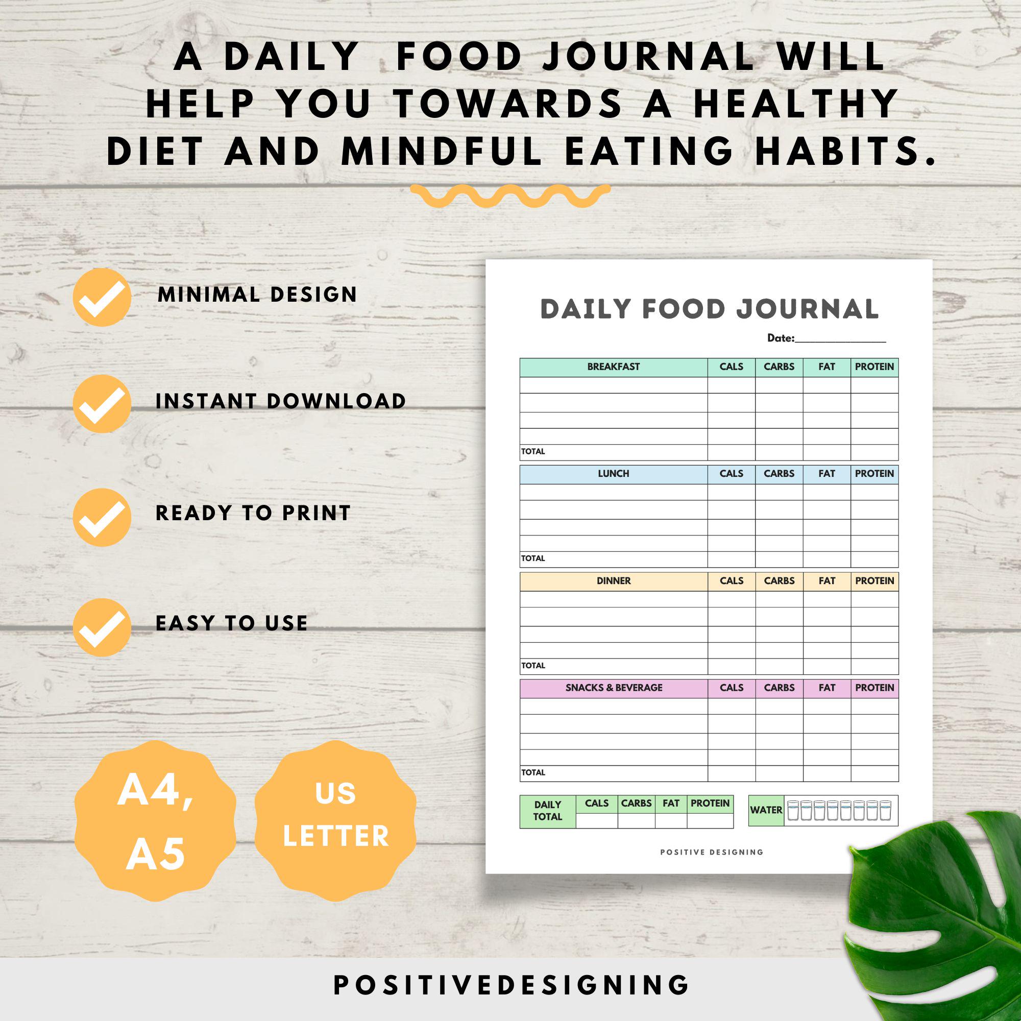 Daily Food Journal Printable - Meal Tracker - Calorie Log - Fitness ...