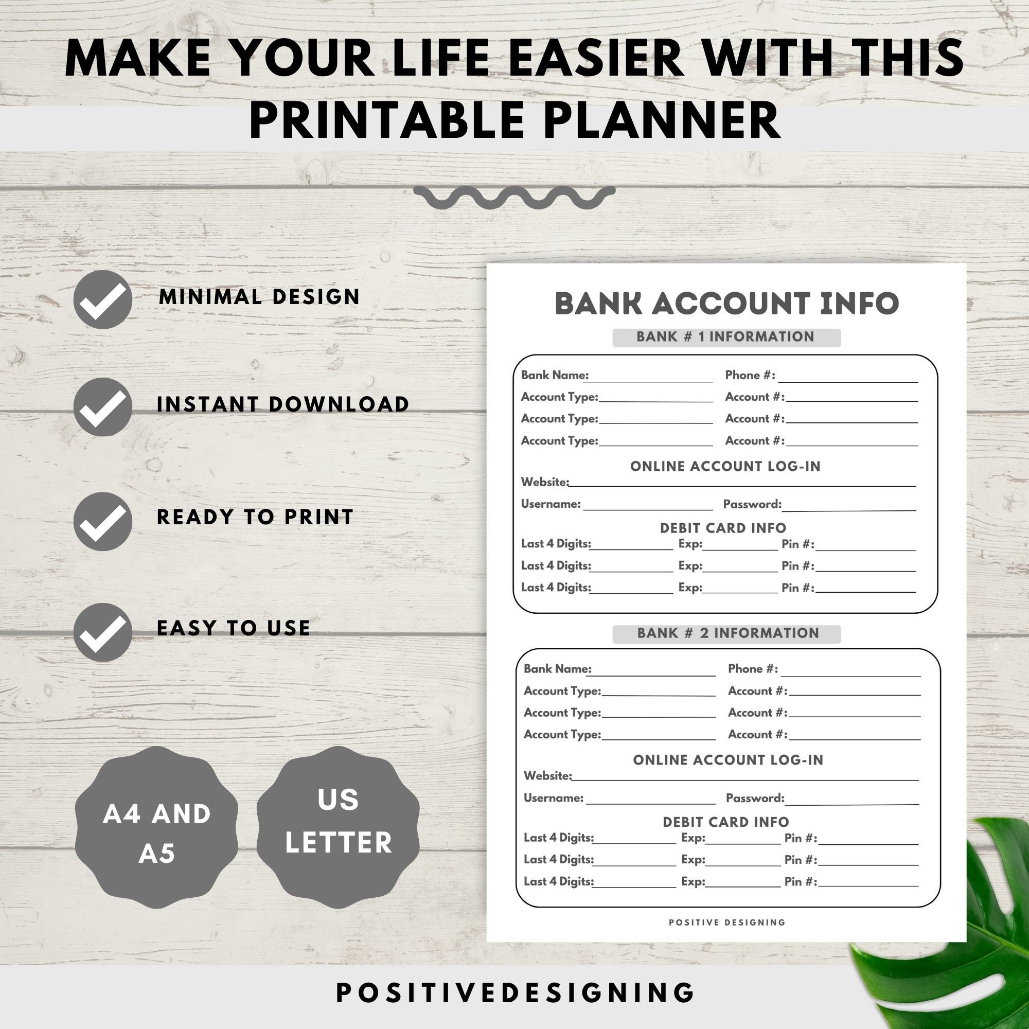 Bank Account Information Tracker Printable, Bank Account Log, Bank ...