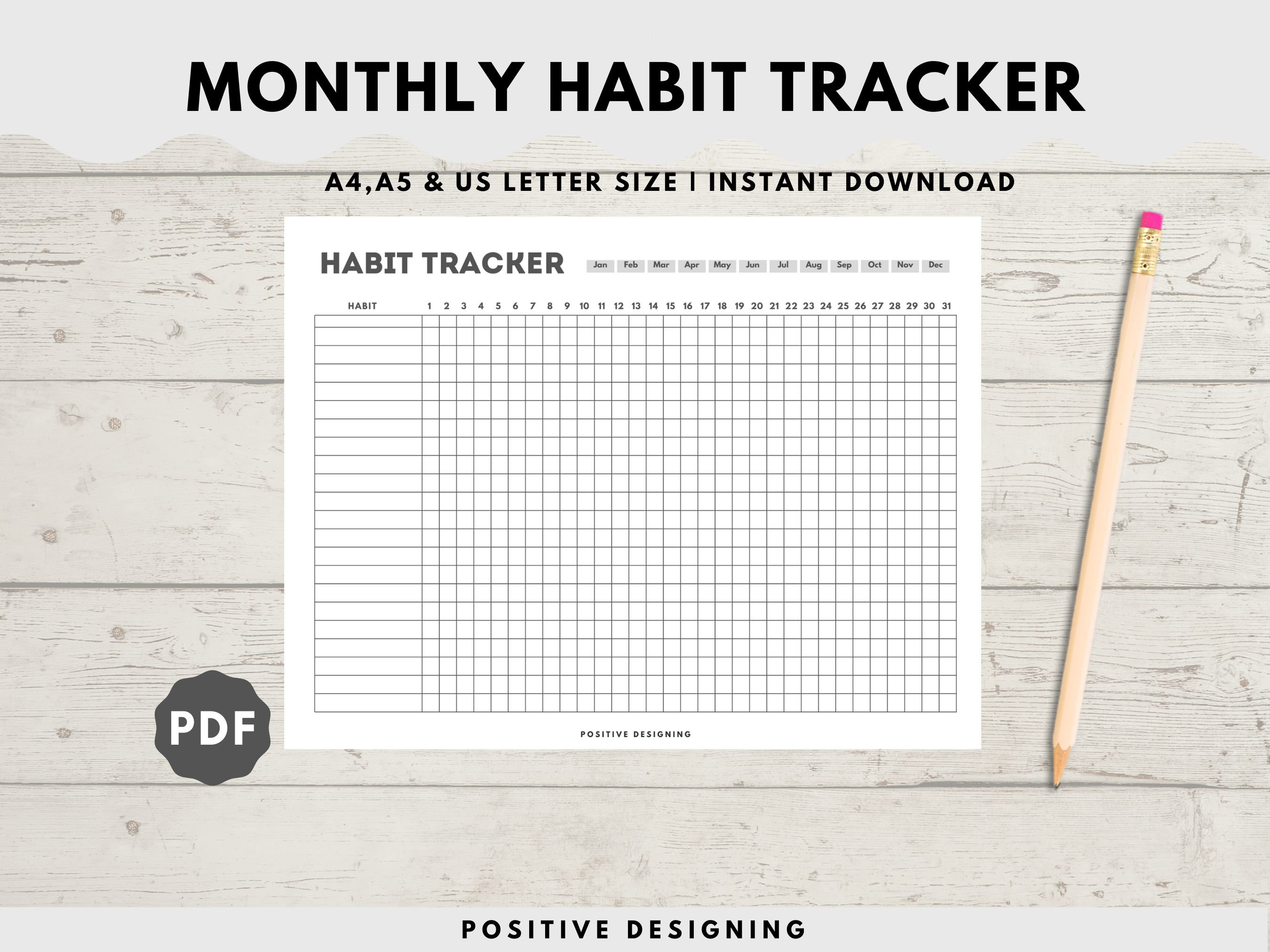 Monthly Habit Tracker Printable Landscape, Habit Tracker Template ...