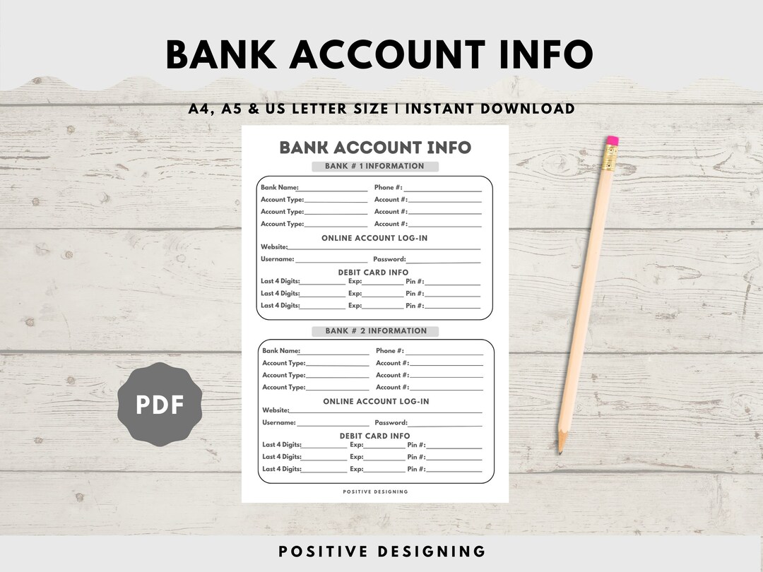 Bank Account Information Tracker Printable, Bank Account Log, Bank ...