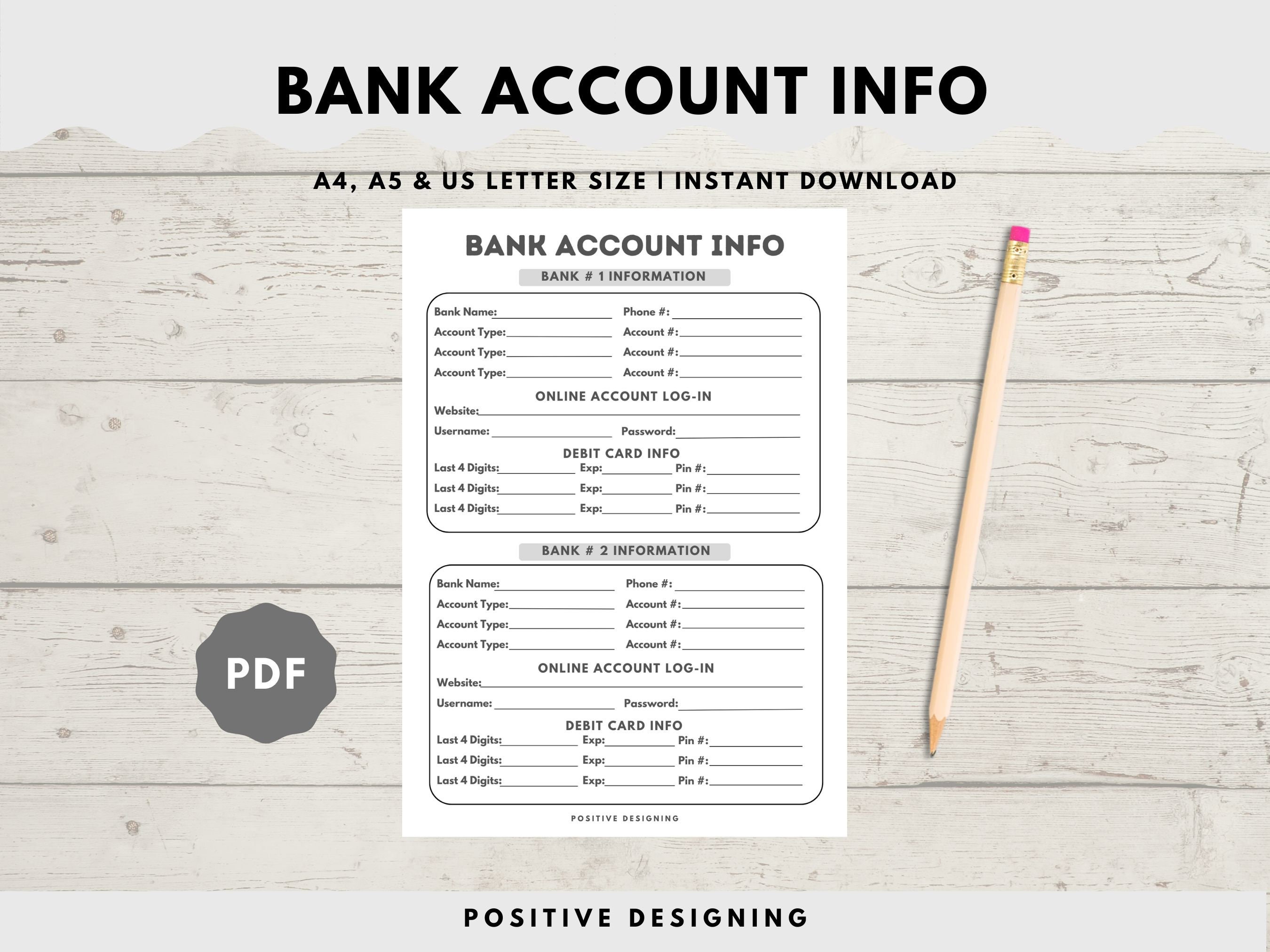 Bank Account Information Tracker Printable, Bank Account Log, Bank ...
