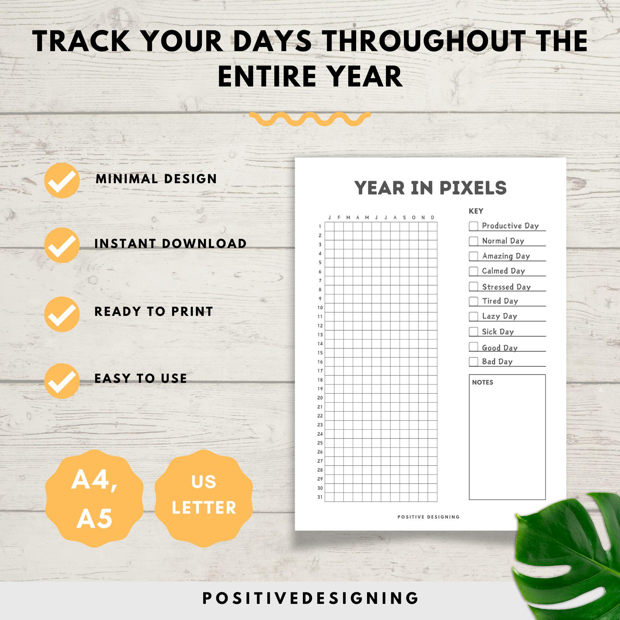 Year in Pixels Tracker, Printable Mood Journal, Digital Habit Tracker ...