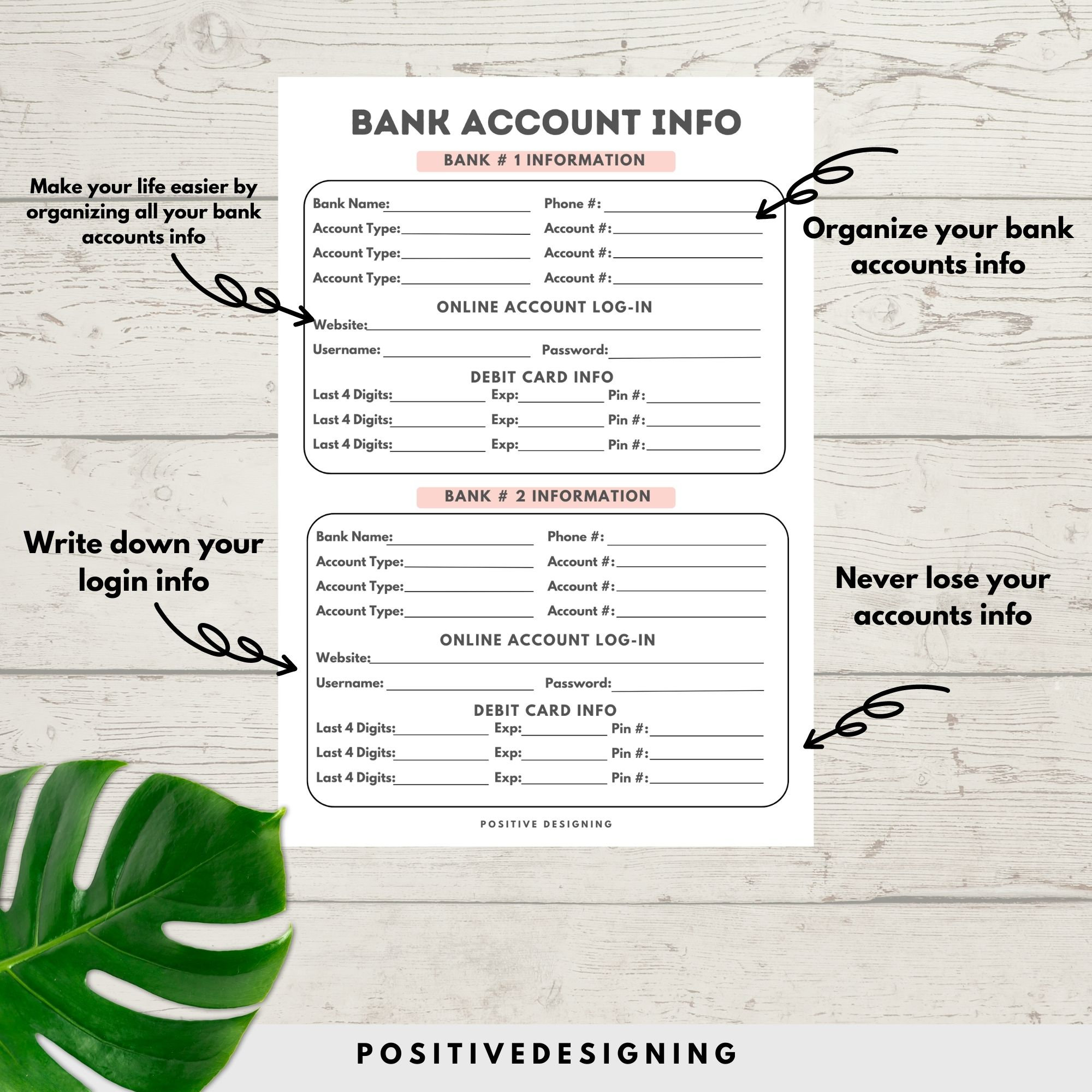 Bank Account Information Tracker Printable, Bank Account Log, Bank ...
