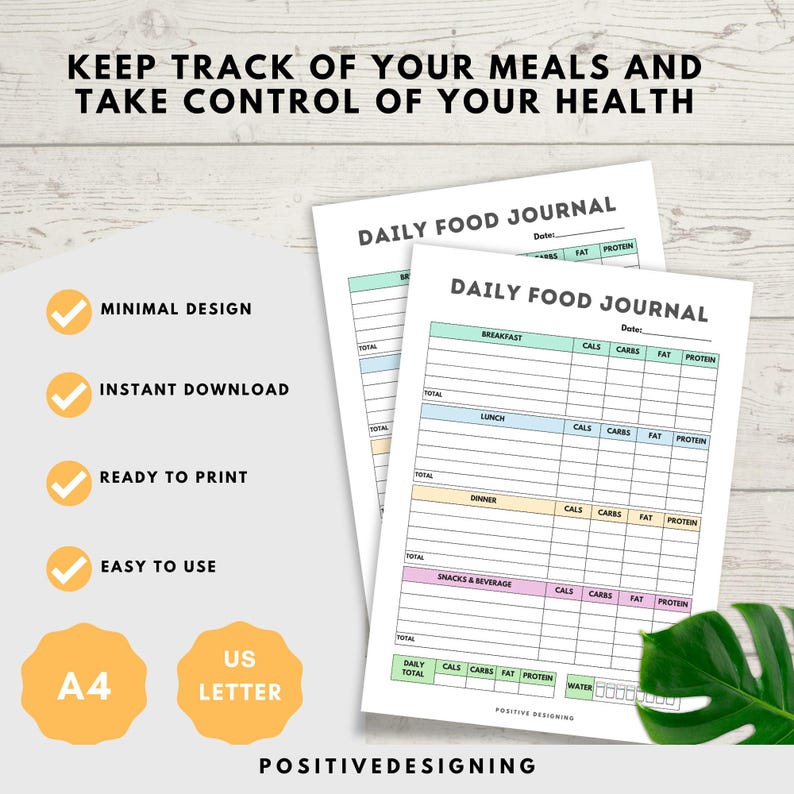 Daily Food Journal Printable - Meal Tracker - Calorie Log - Fitness ...