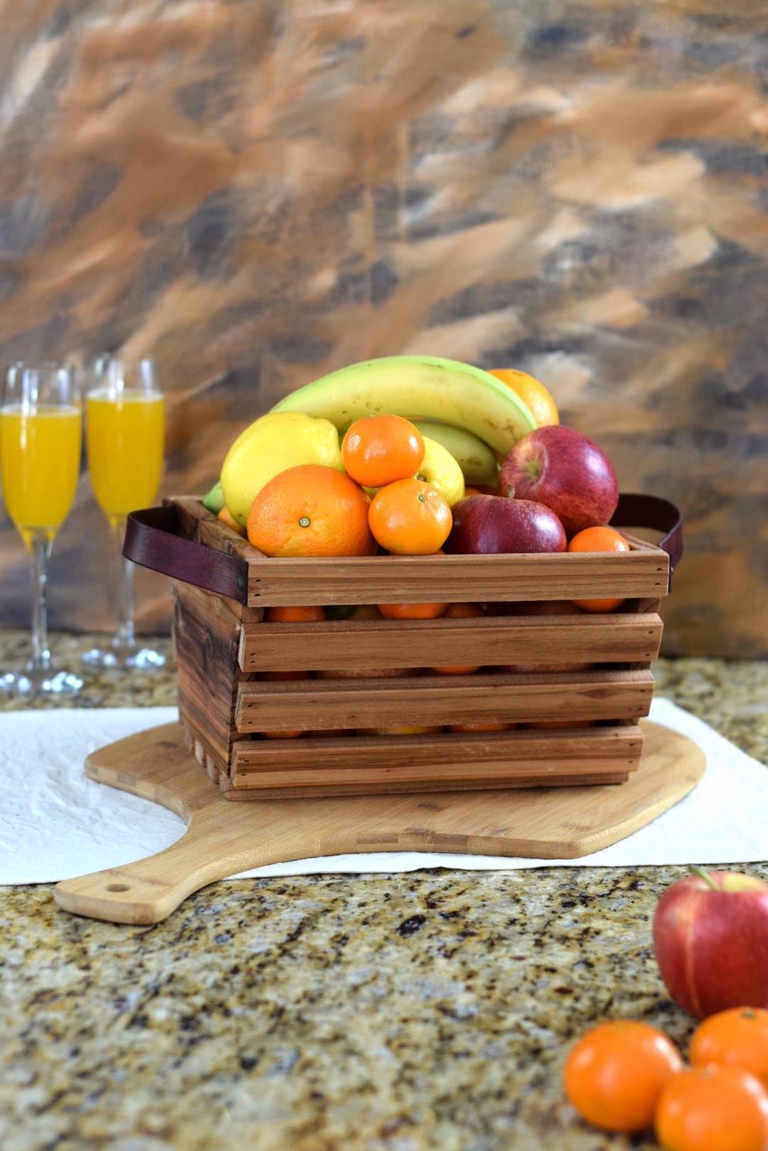 Handmade Wood Fruit Basket With Leather Handles Artisan Wooden Kitchen ...