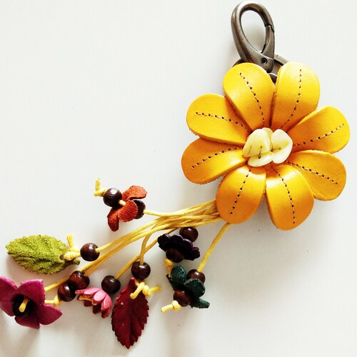 Genuine Leather Flower Yellow Keychain Bag Charm Dahlia | Etsy