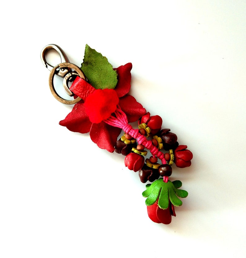 Keychain Genuine Leather Flower Red Keyring Charm Purse - Etsy