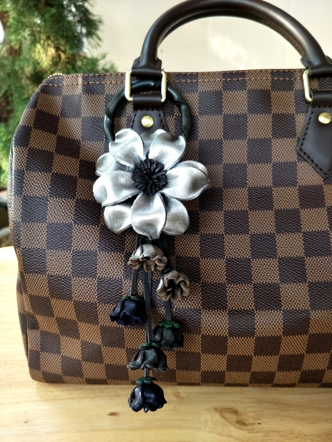 Floral Leather Bag Charm: Silver Flower Keychain, Handmade Purse ...