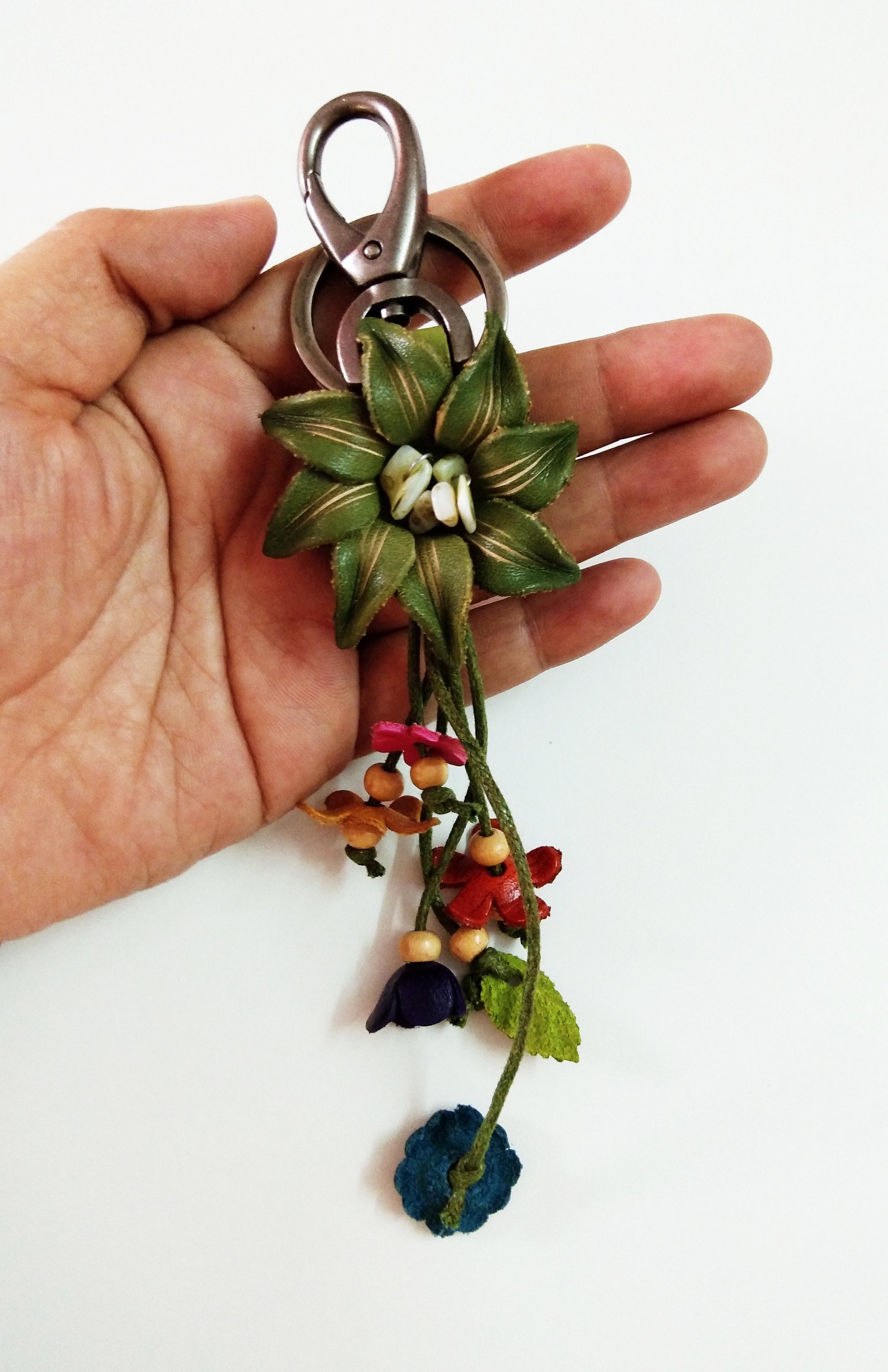 Leather Flower Keychain: Green Dahlia Bag Charm - Etsy