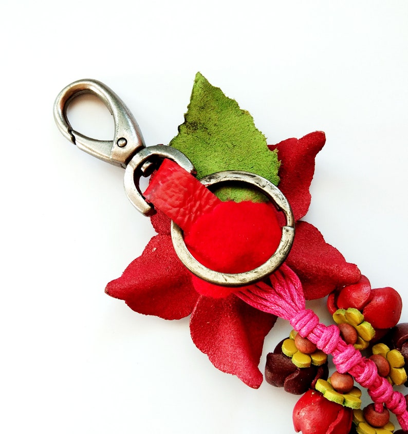 Keychain Genuine Leather Flower Red Keyring Charm Purse - Etsy