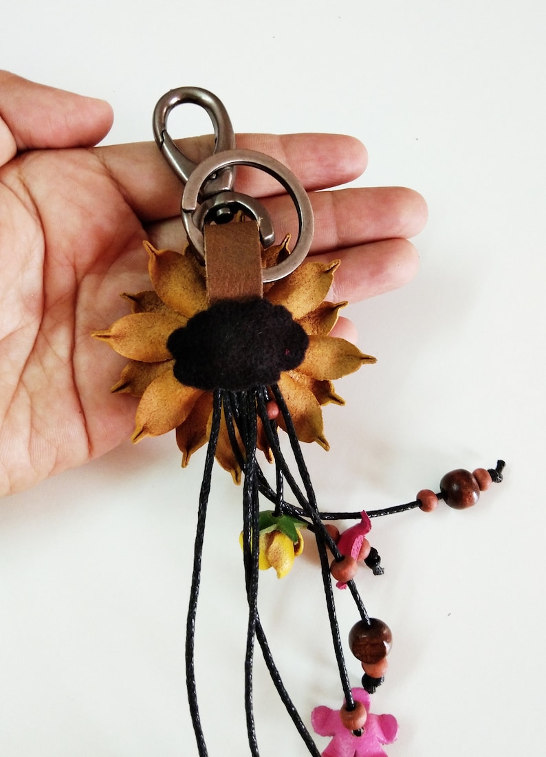 Genuine Leather Flower Yellow Keychain Bag Charm Dahlia | Etsy