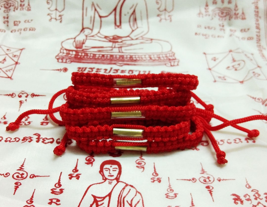 10 Pcs SAI SIN & Takut Bracelet Buddha Red Cord Thai Amulet Rich Wealth Protect Life / Thai ...