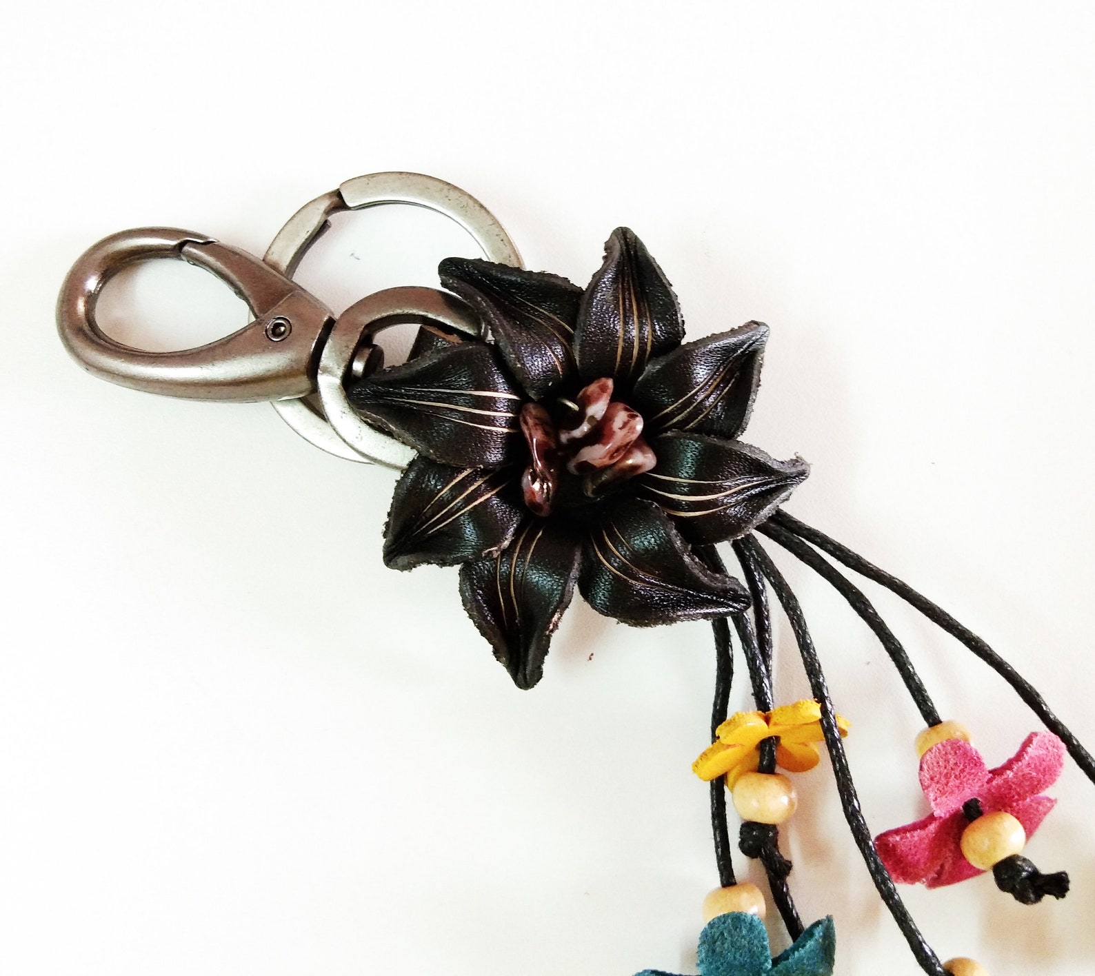Genuine Leather Flower Black Keychain Bag Charm Inspired | Etsy