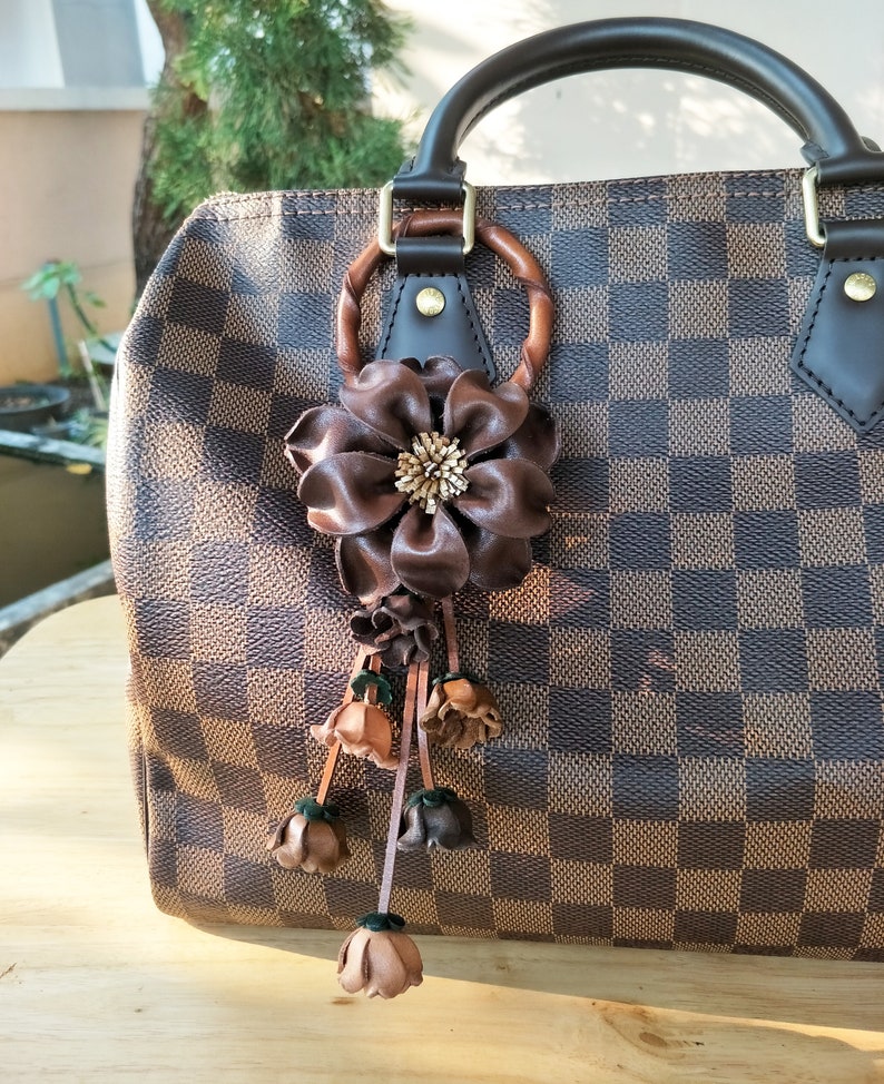 Flower Brown Keychain Leather Genuine Bag Charm, Floral Hook Real ...