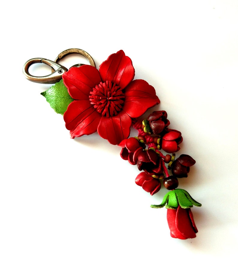 Keychain Genuine Leather Flower Red Keyring Charm Purse - Etsy