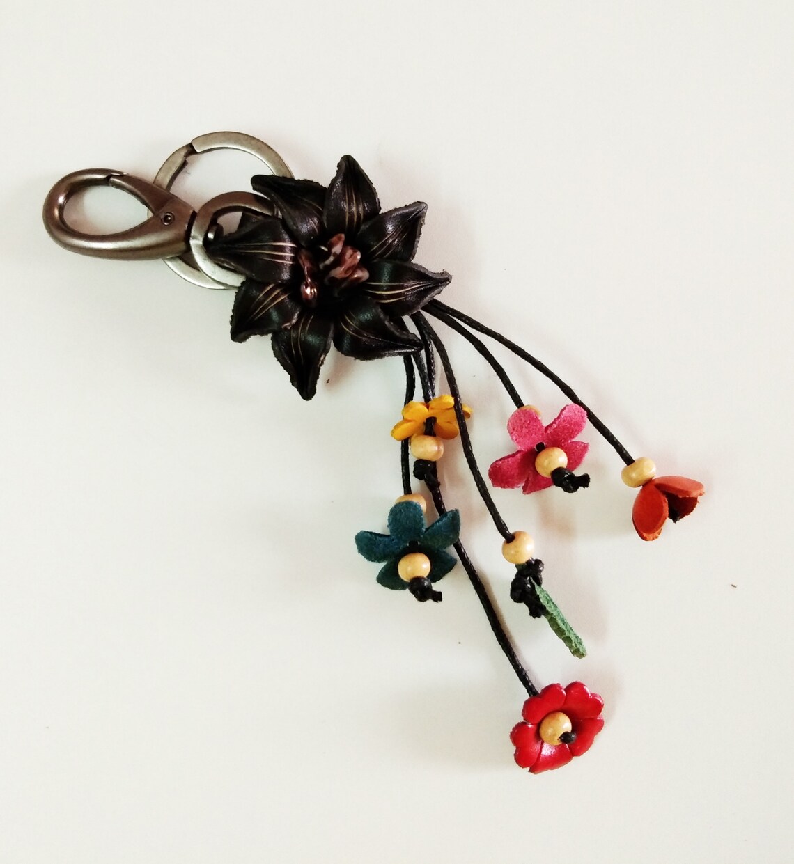 Genuine Leather Flower Black Keychain Bag Charm Inspired | Etsy
