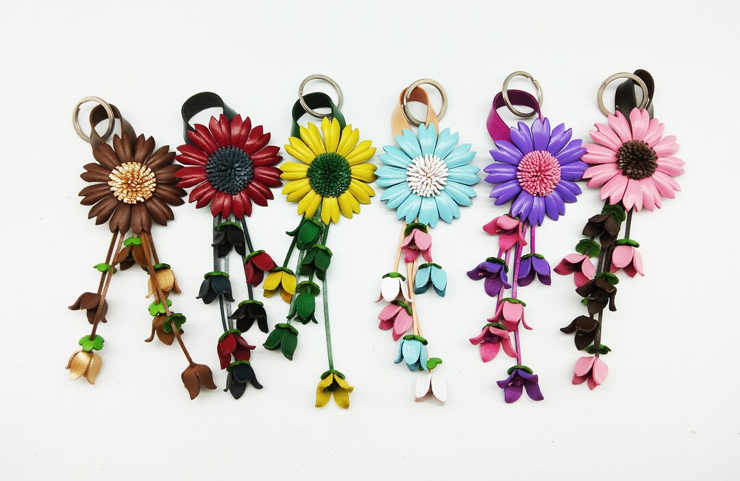 Sunflower Keychain Flower Leather Genuine Bag Charm, Handbag Zipper ...