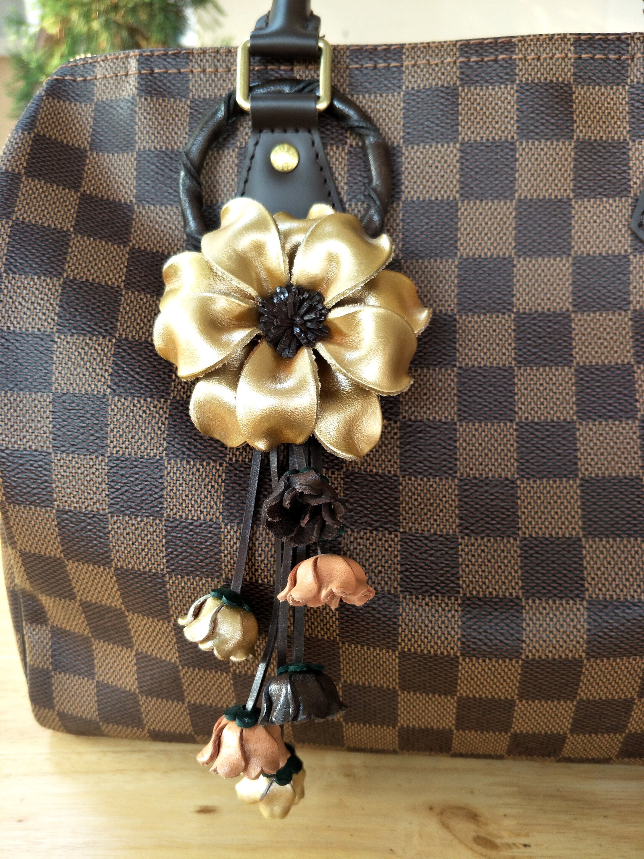 Leather Flower Keychain: Gold Floral Bag Charm, Handmade Accessory - Etsy