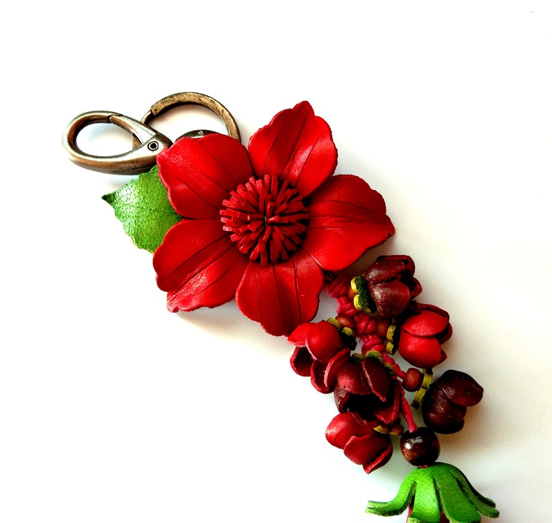 Keychain Genuine Leather Flower Red Keyring Charm Purse - Etsy