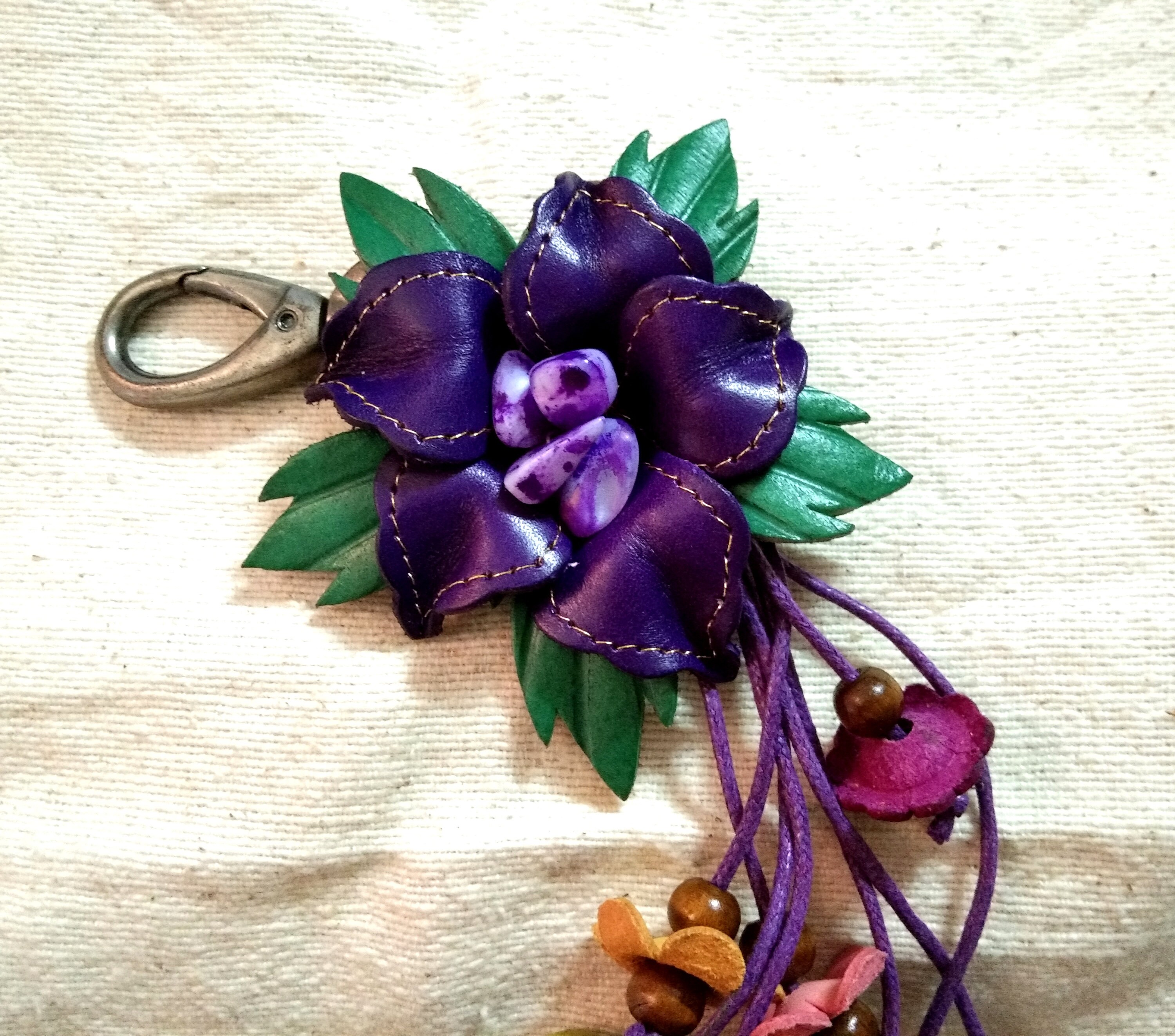 Keychain Genuine Leather Orchid Flower Purple Keyring | Etsy