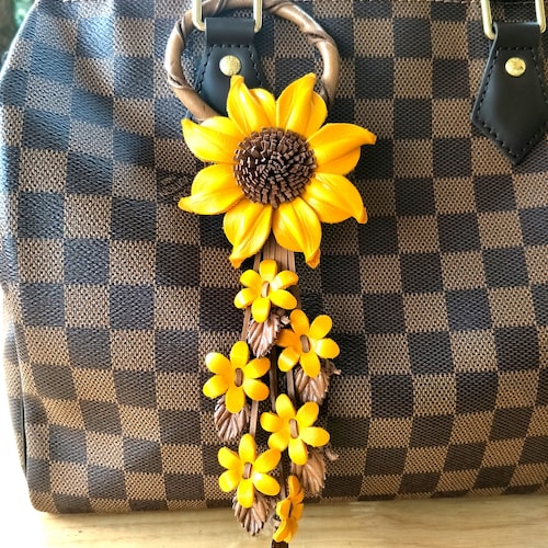 Genuine Leather Flower Yellow Keychain Bag Charm Dahlia - Etsy