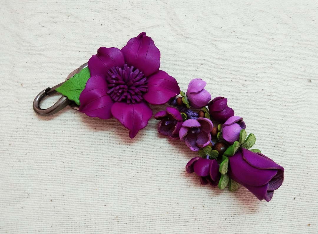 Orchid Purple Keychain Leather Flower: Handmade Floral Bag Charm - Etsy