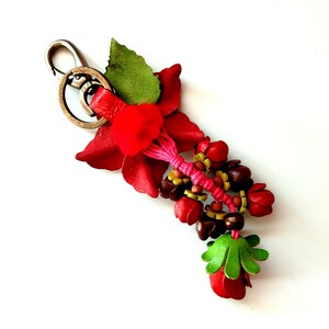 Keychain Genuine Leather Flower Red Keyring Charm Purse Handbag ...