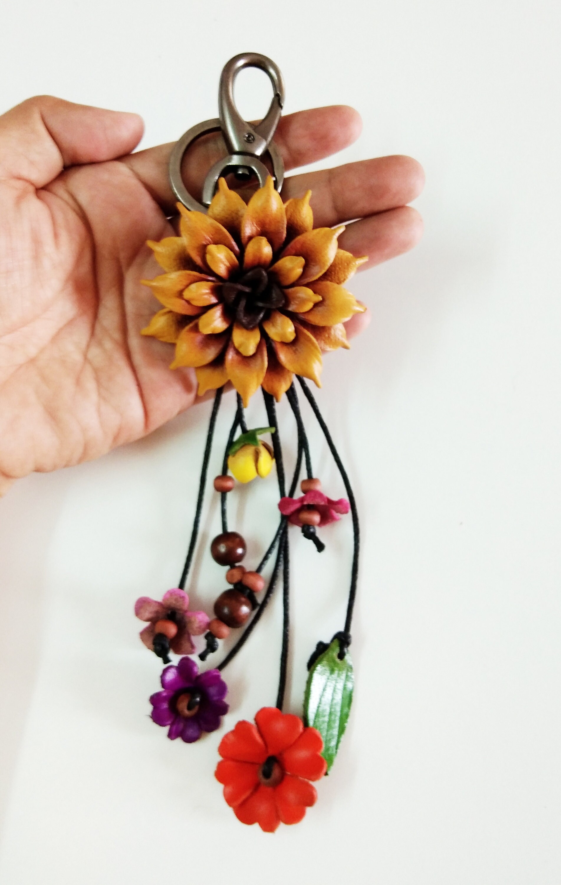 Genuine Leather Flower Yellow Keychain Bag Charm Dahlia - Etsy