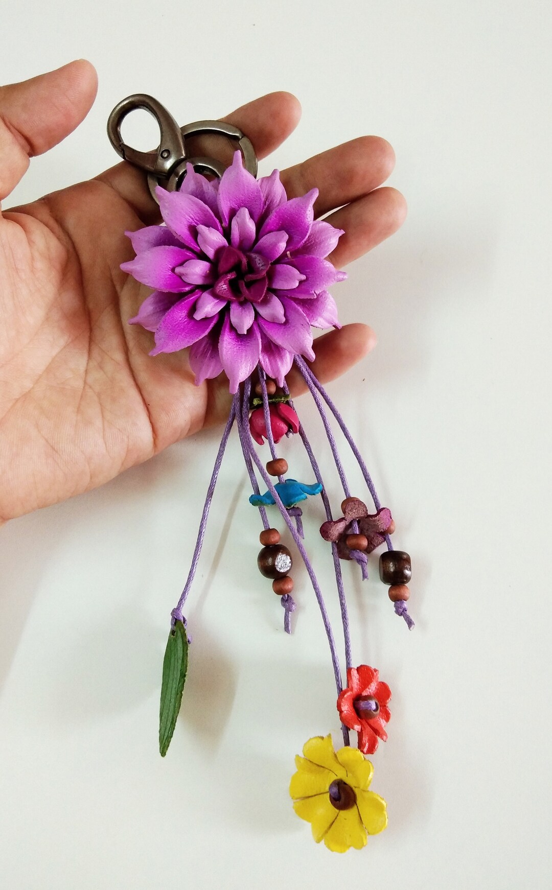 Genuine Leather Flower Purple Light Keychain Bag Charm, Dahlia Floral ...