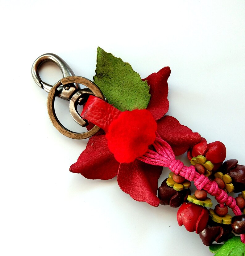 Keychain Genuine Leather Flower Red Keyring Charm Purse - Etsy