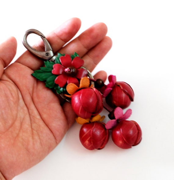 Keychain Genuine Leather Fruit Cherry Red Fashion Bag Charm | Etsy